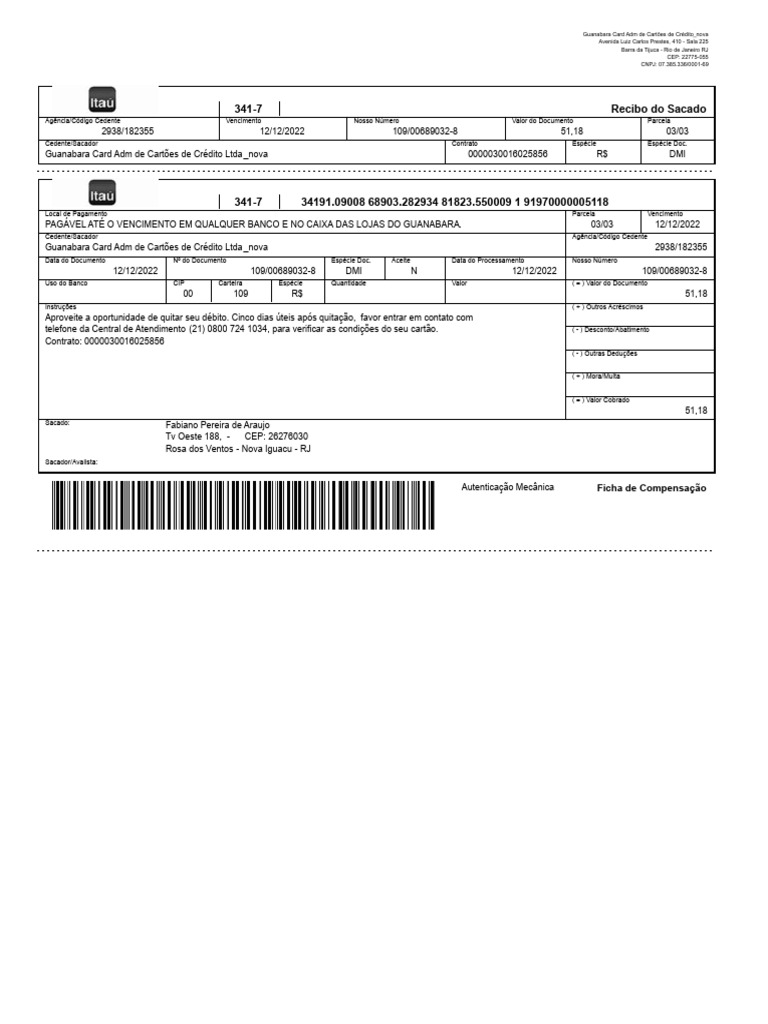 341-7 Recibo Do Sacado: Ficha de Compensação | PDF | Cartão de crédito ...