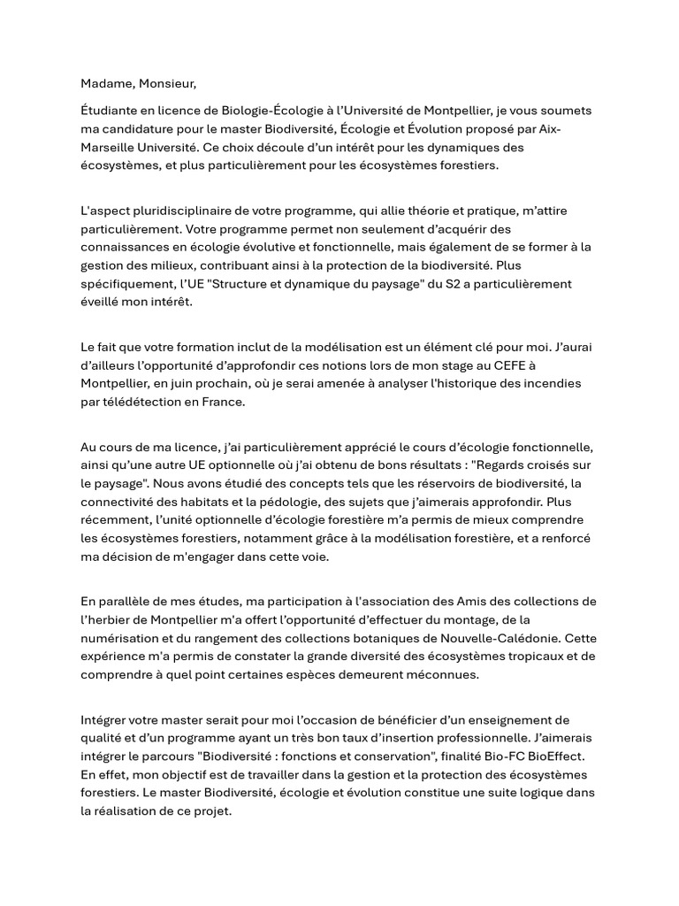 Candidature au Master Biodiversité Marseille | PDF | Écosystème ...