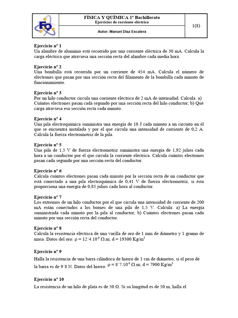 FQ1 6 Ejercicios de Corriente Eléctrica | PDF | Resistencia Eléctrica y Conductancia | Corriente ...
