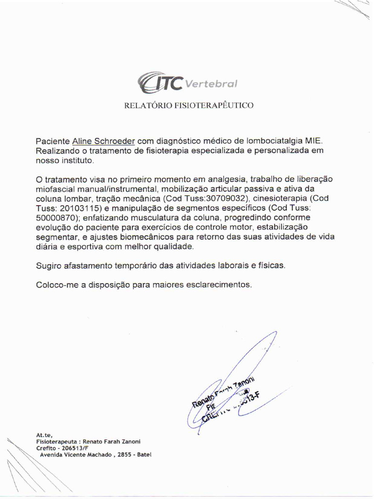 Relatório Fisioterapeutico - Aline | PDF