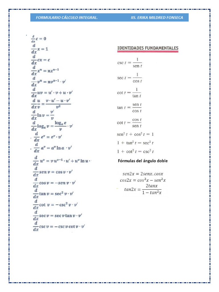 Formulario de Cálculo Integral | PDF | Integral | Conceptos matemáticos
