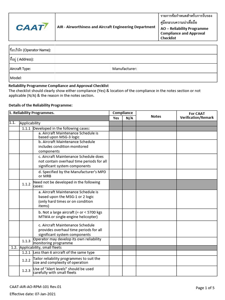 CAAT-AIR-AO-RPM-101 Rev.01 Reliability Program Assessment Checklist ...