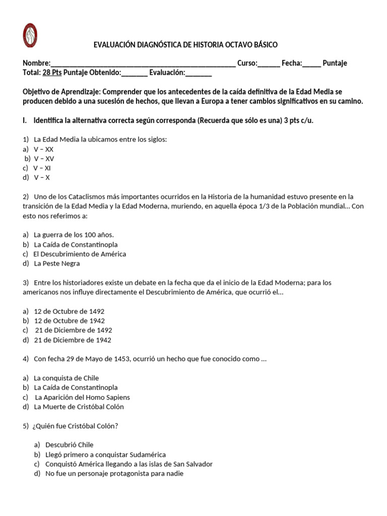 Evaluación de Historia: Edad Media y Moderna | PDF | Muerte negra ...