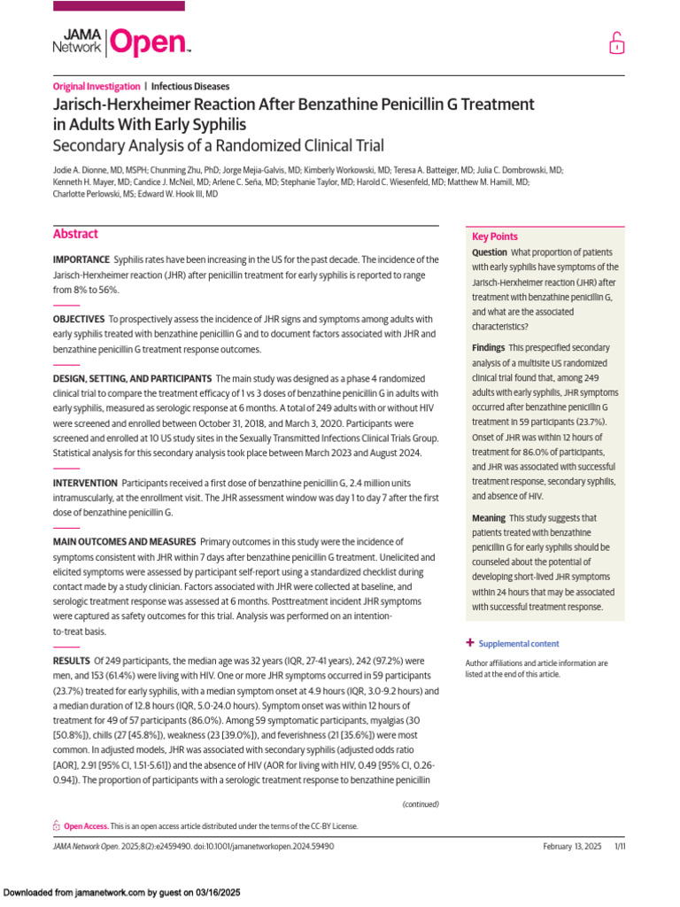 Jarisch-Herxheimer Reaction in Early Syphilis | PDF | Clinical Trial ...