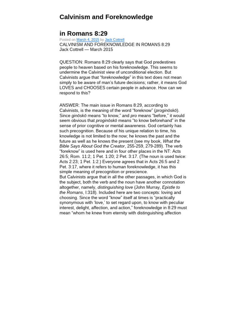 Calvinism and Foreknowledge | PDF | Predestination | Theology