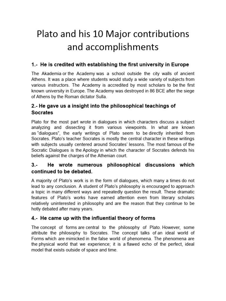 Plato and His 10 Major Contributions and Accomplishments | PDF | Plato ...