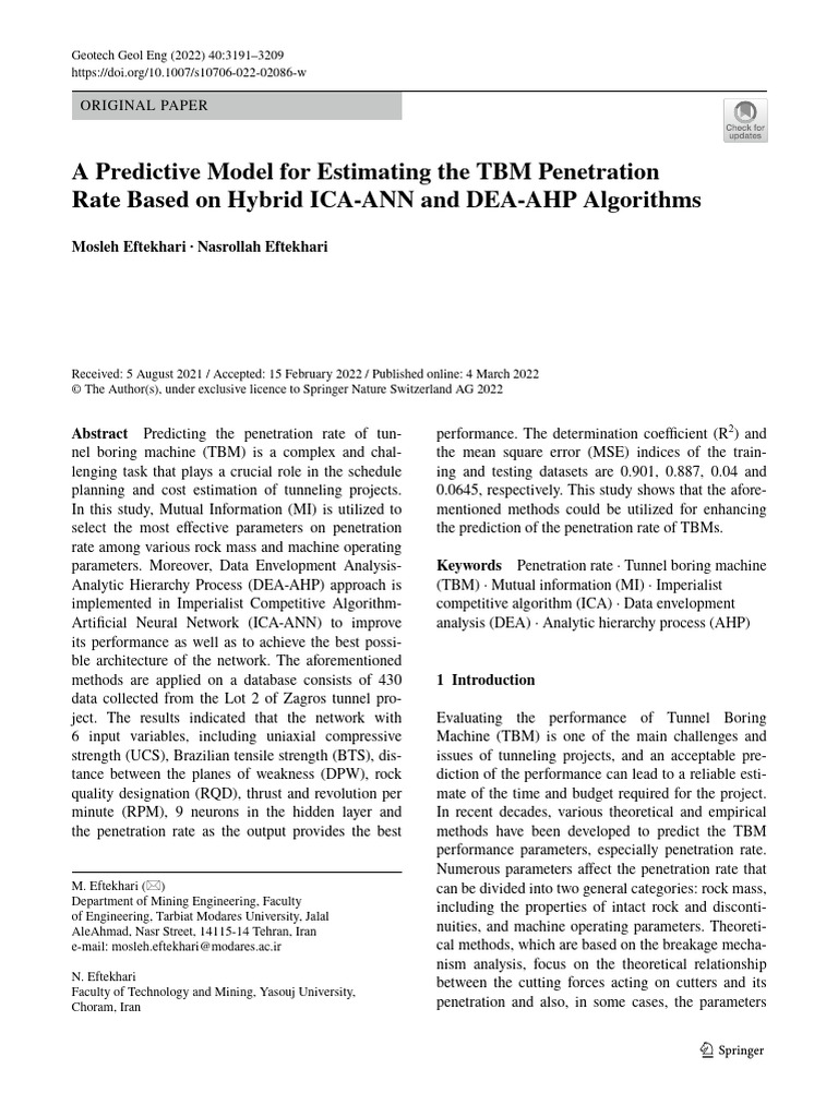 A Predictive Model for Estimating the TBM Penetration Rate | PDF | Multicollinearity | Mean ...