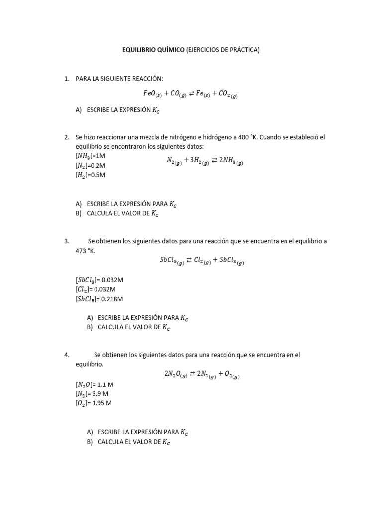 Equilibrio Quimico. Ejercicios de Practica | PDF