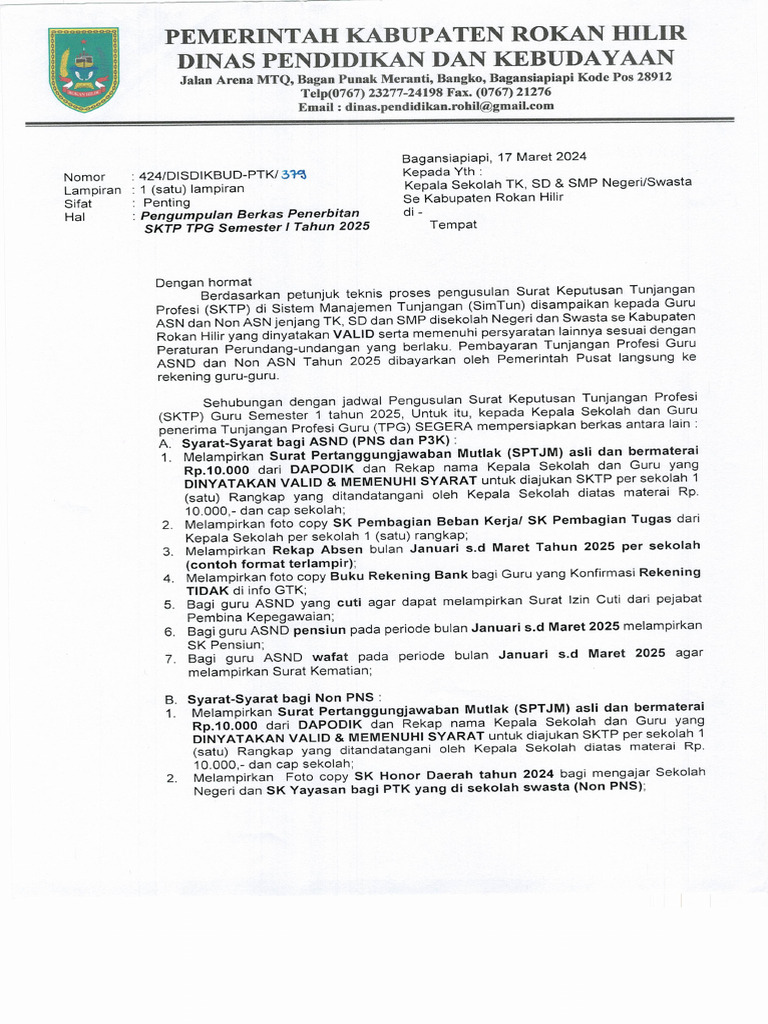 Pengumpulan Berkas Penerbitan SKTP TPG Semester I Tahun 2025 | PDF