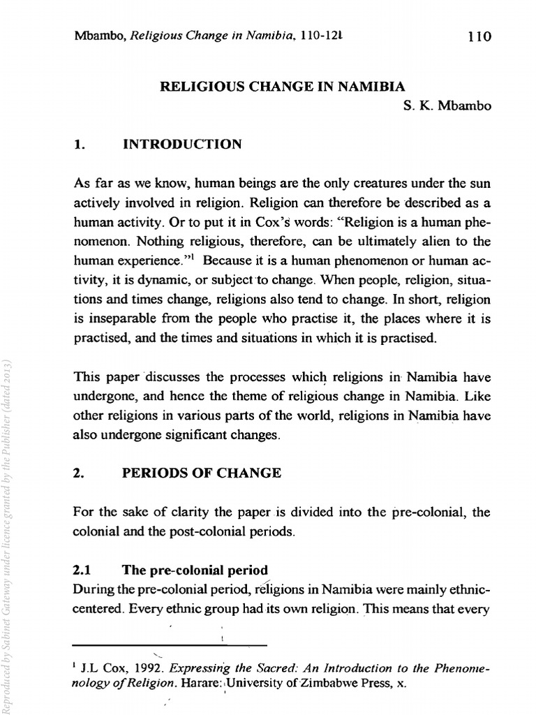 Mbambo 2000 Religious Change in Namibia 1 | PDF | Rituals | Namibia