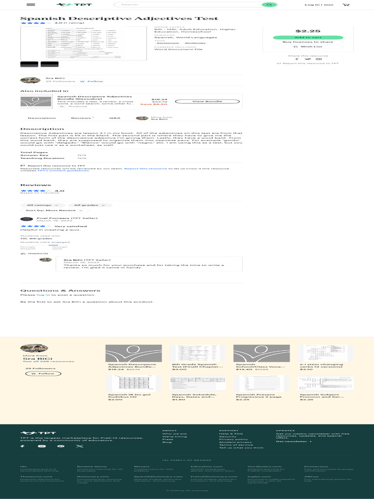 Spanish Descriptive Adjectives Test by Sra BiCi TPT | PDF | Linguistic ...
