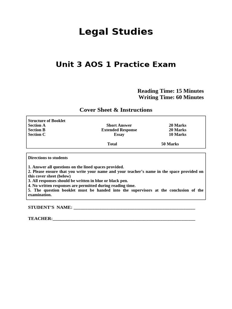Legal Studies Unit 3 AOS1 Practice Exam | PDF