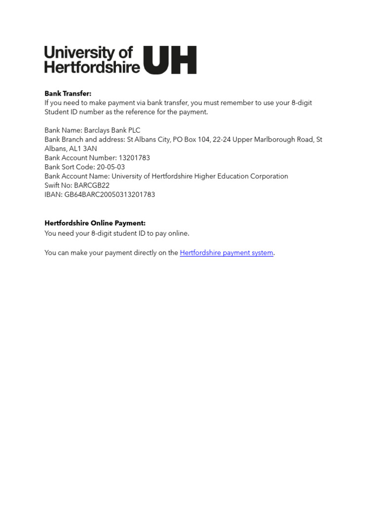 Hertfordshire Bank Details | PDF