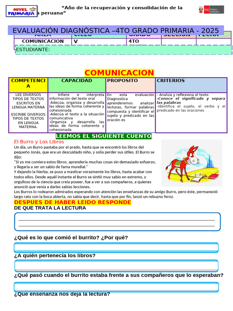 Evaluacion Diagnostica - 5to Grado-Primaria - 2025 RRR | PDF