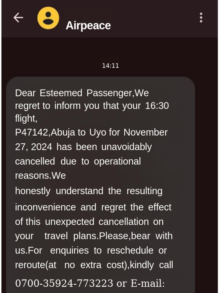 Air Peace Flight Cancellation Notice | PDF