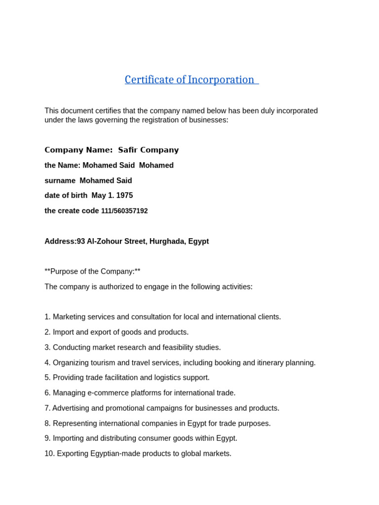 Certificate of Incorporation | PDF