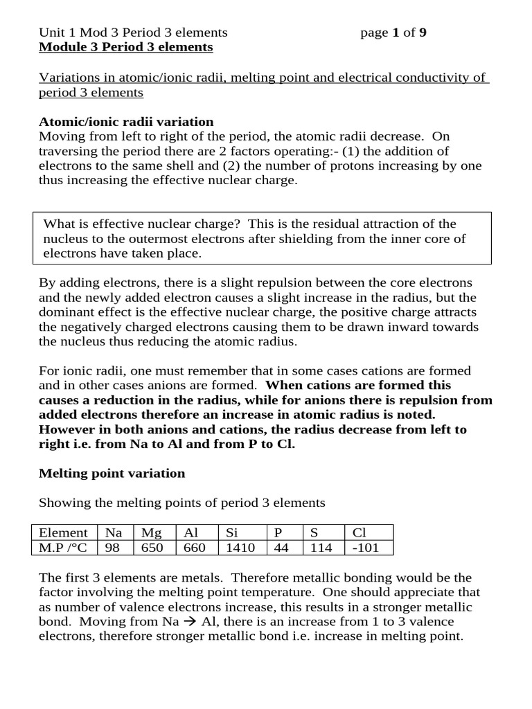 Unit 1 Mod 3 Period 3 Elements | PDF | Ion | Chemical Bond