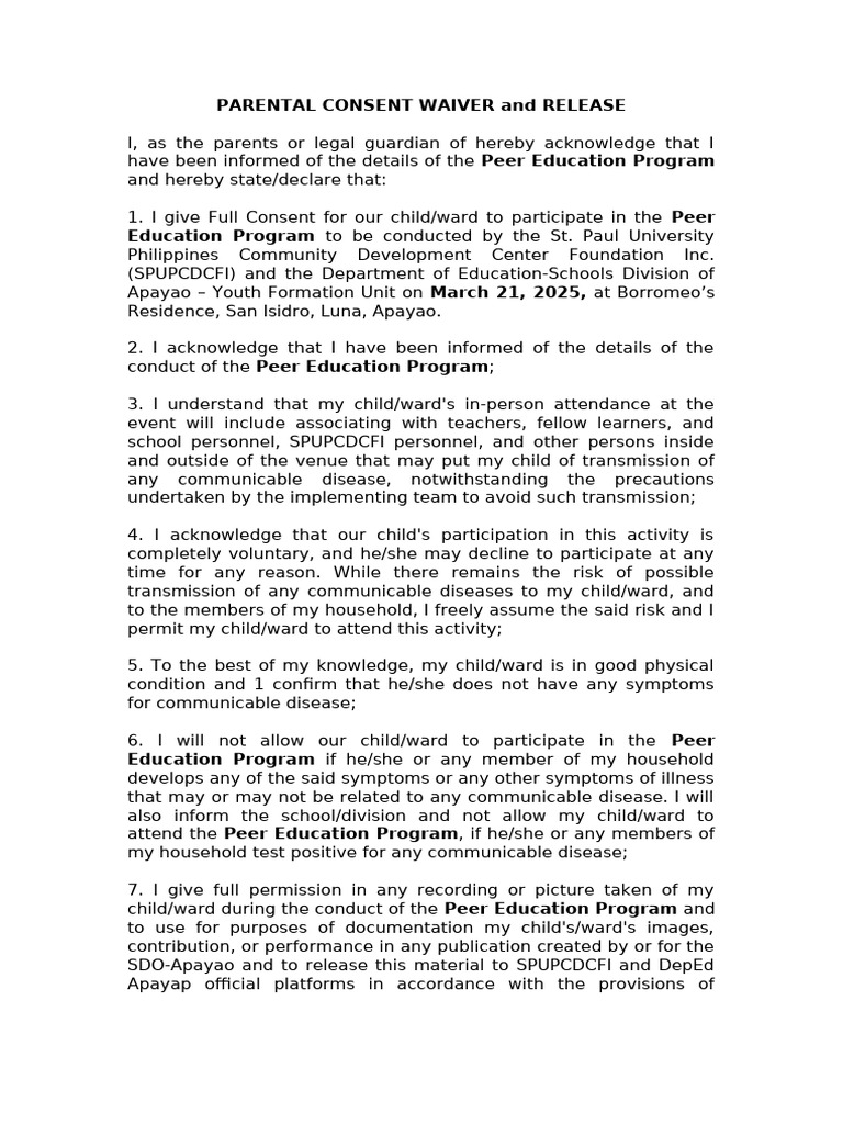 Waiver-Peer-Education-Program | PDF | Consent | Privacy