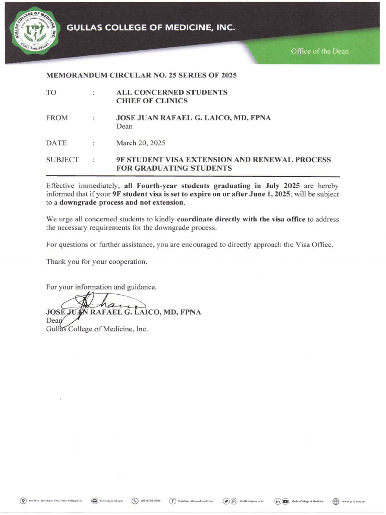 Memorandum No. 25 9F Student Visa Extension and Renewal Process For ...