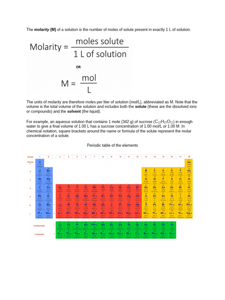 Short Review Molarity (Molar Units) 20241204 | PDF