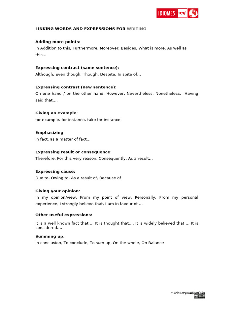 LINKING WORDS AND EXPRESSIONS FOR WRITING | PDF