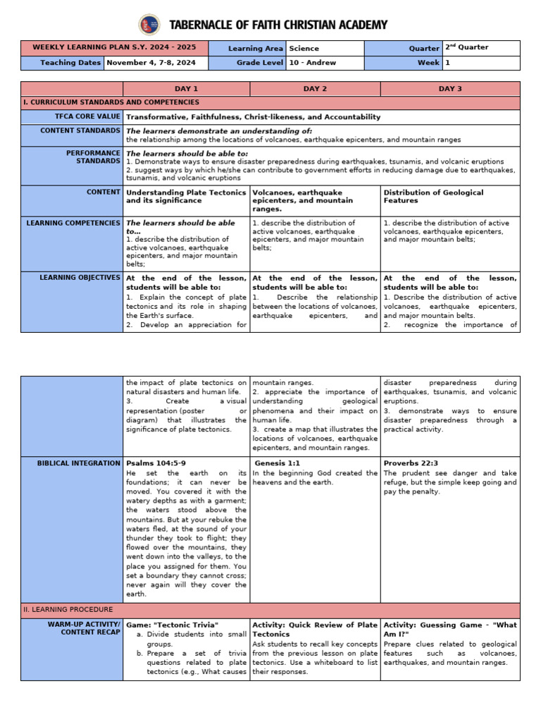 10th Grade Science Weekly Plan | PDF | Volcano | Earthquakes