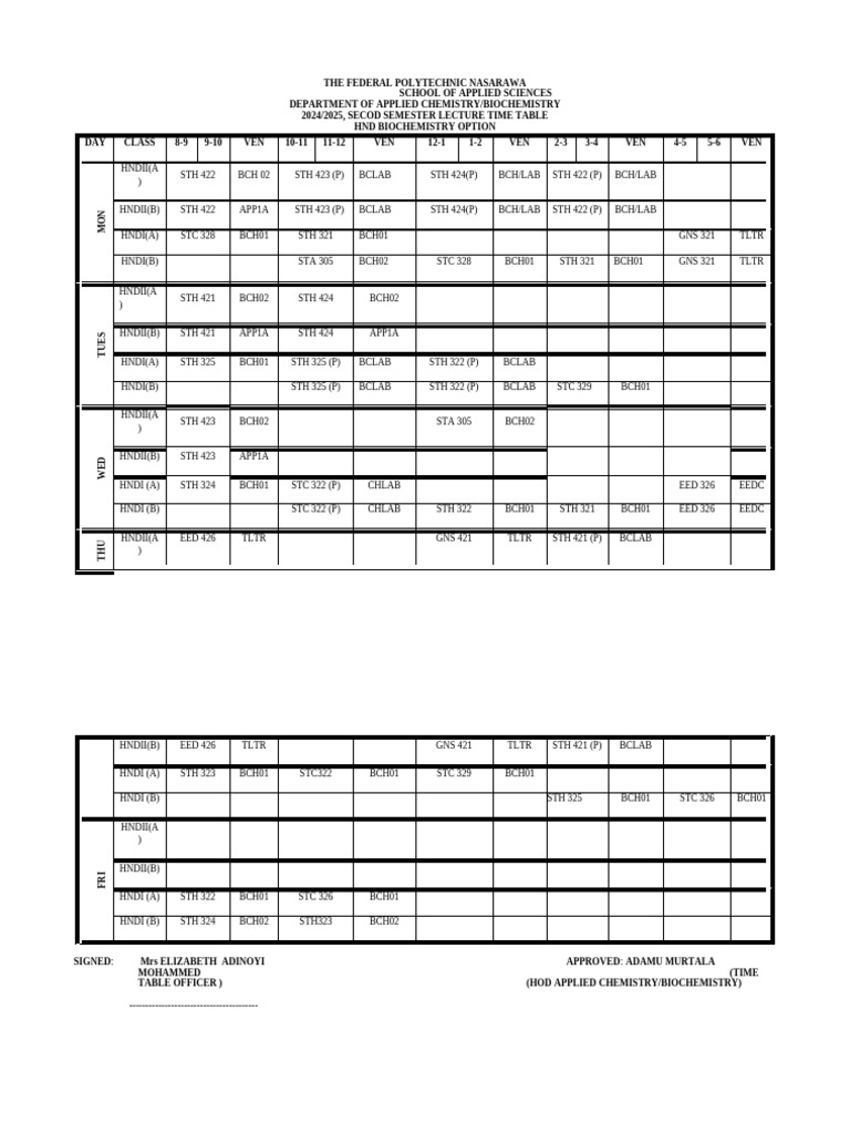 Time Table BCH-1 | PDF