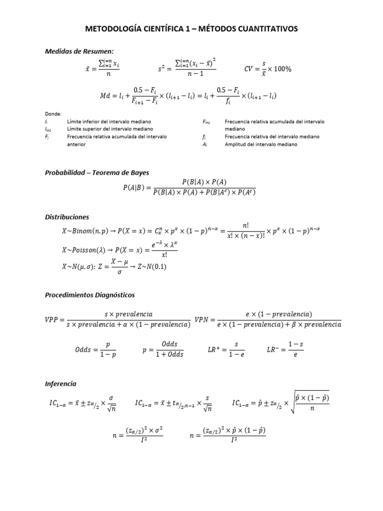 Hoja Formulas MC1 2022 Completa EVA | PDF | Teoría estadística | Método científico