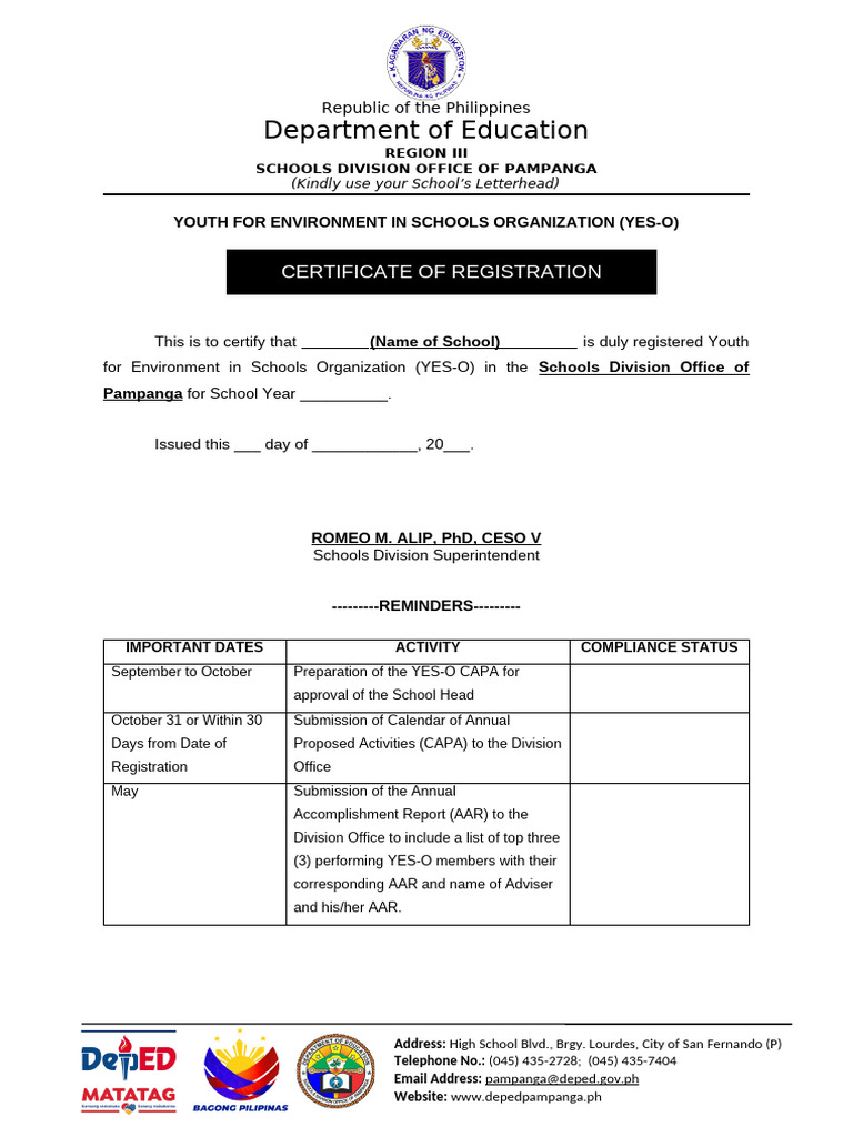 YES-O Registration Certificate Template | PDF