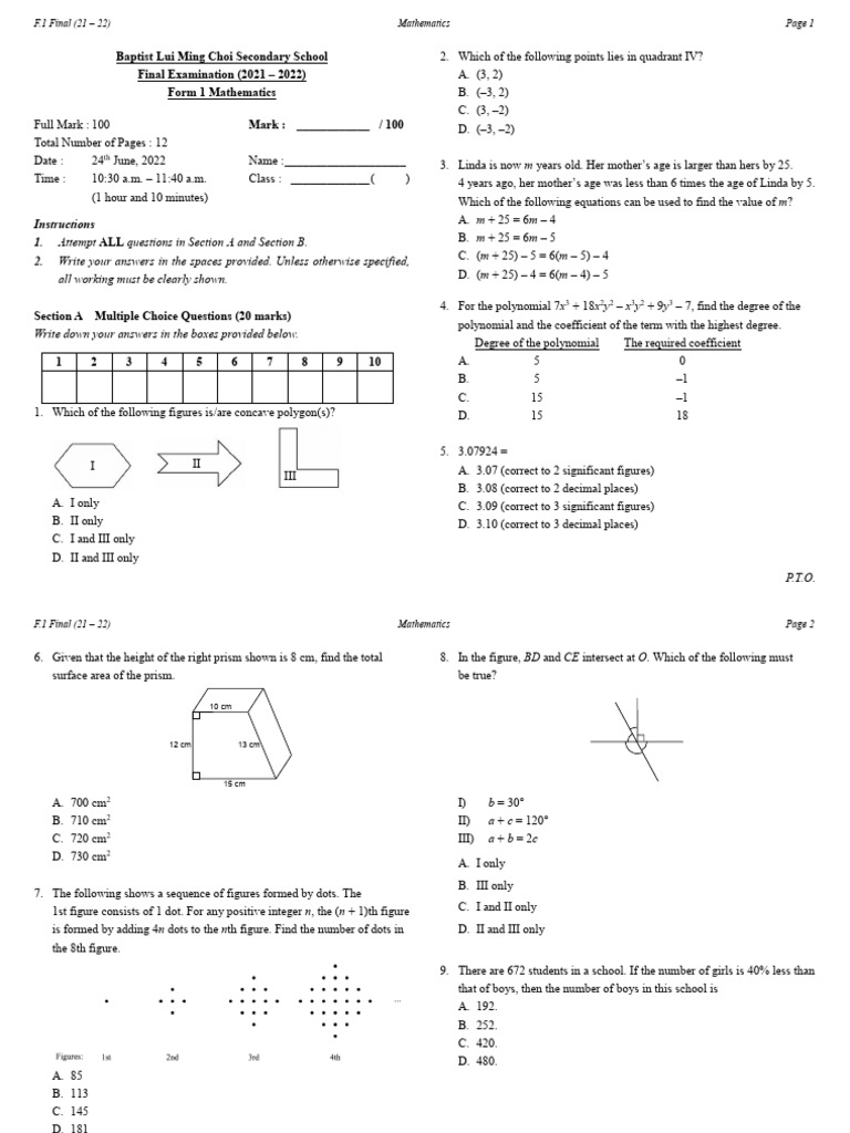 2122 F1 Math Final Exam | PDF | Cartesian Coordinate System | Polynomial
