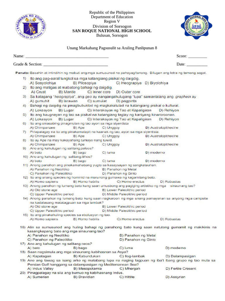 Grade 8 1st Quarter AP Exam Key | PDF