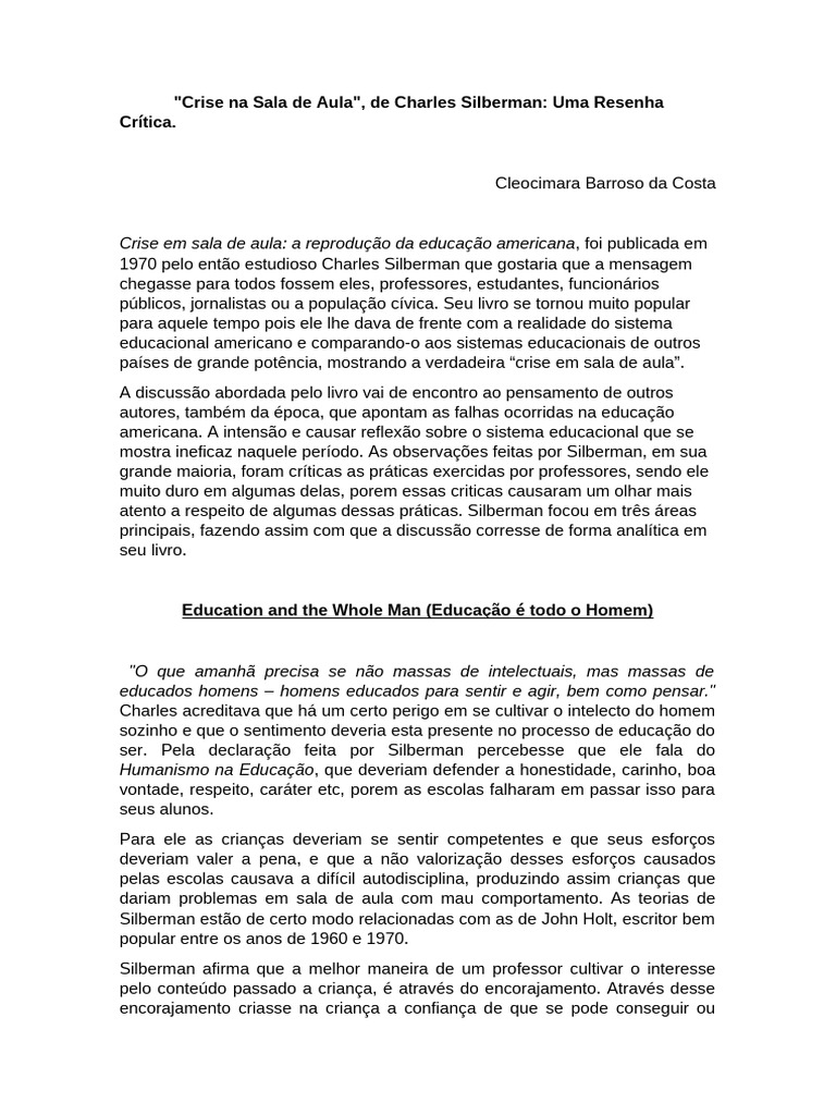 Crise Na Sala de Aula, De Charles Silberman Uma Resenha Crítica | PDF ...