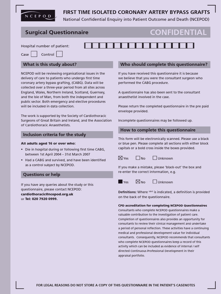 Surgical Questionnaire | PDF | Coronary Artery Bypass Surgery | Heart