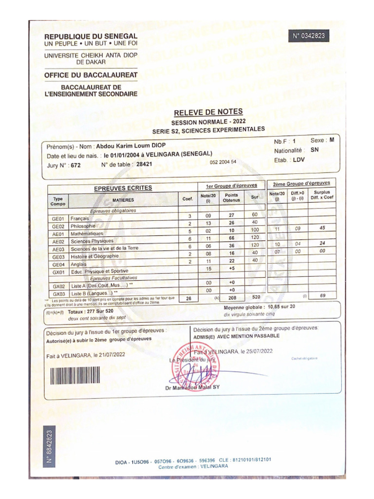 Releve de Note Bac | PDF