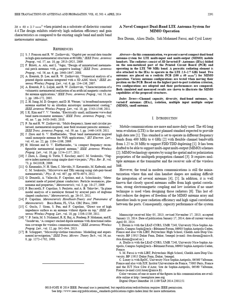 A Novel Compact Dual-Band LTE Antenna-System For MIMO Operation | PDF ...