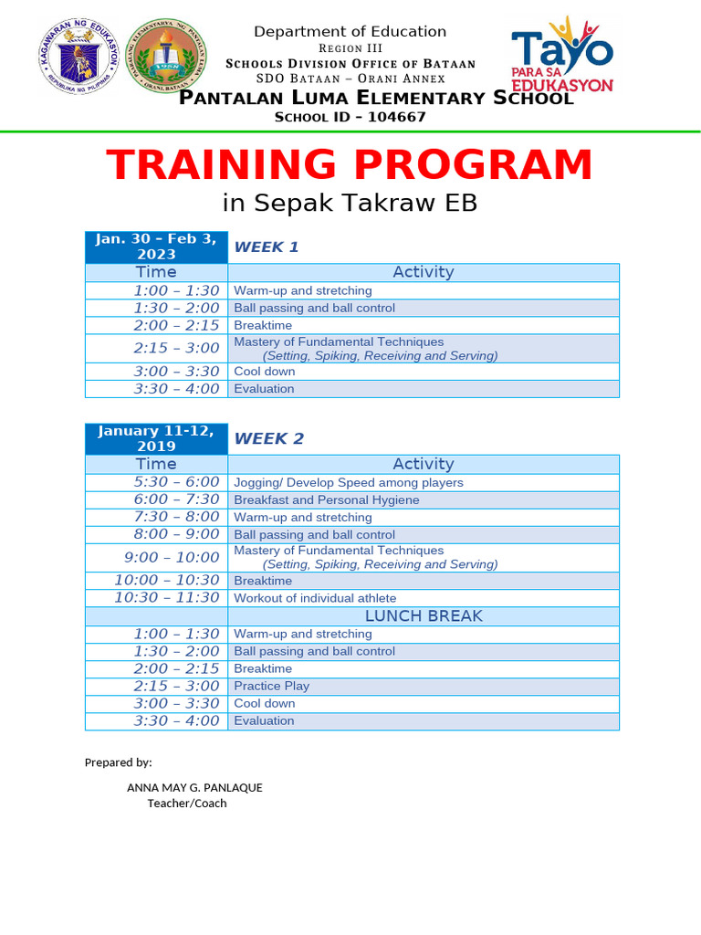 Sepak Takraw Training Program Schedule | PDF