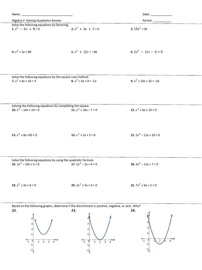 Algebra 2 Quadratics Review Worksheet | PDF