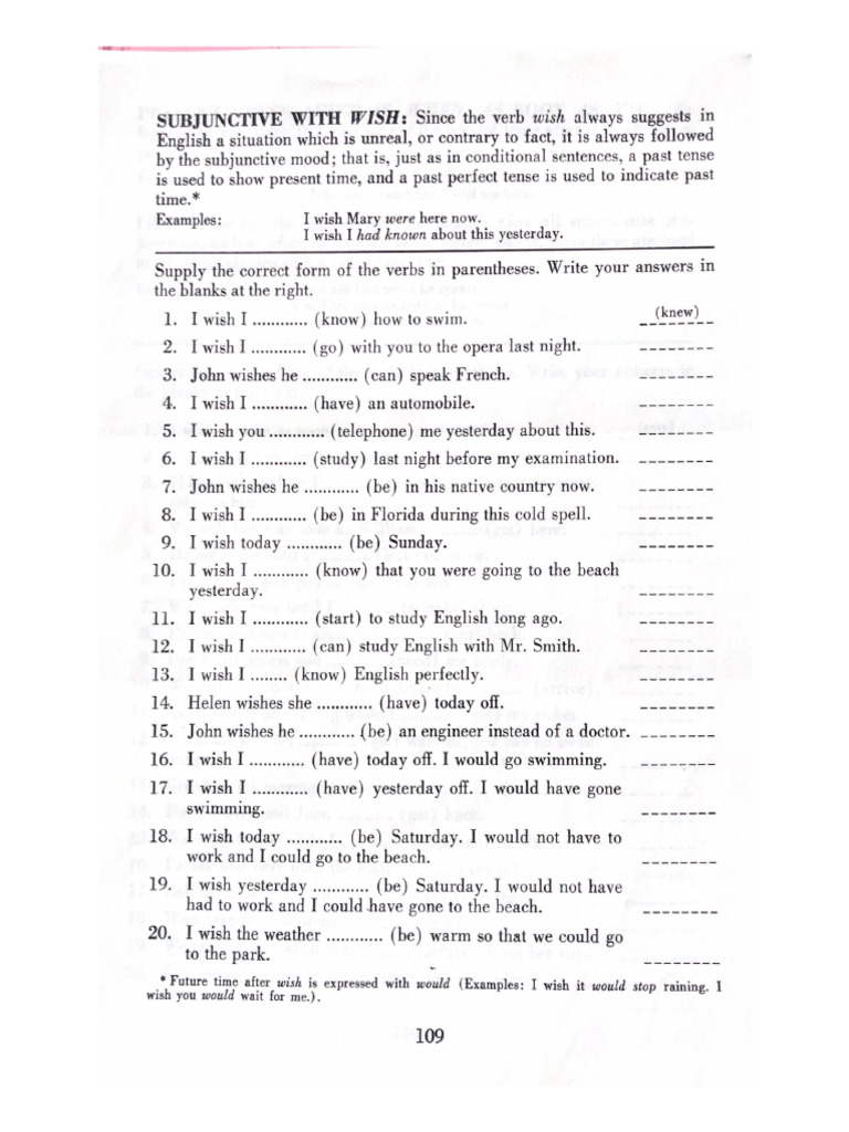 SUBJUNCTIVE WITH WISH Since The Verb Wish Always Suggests in | PDF