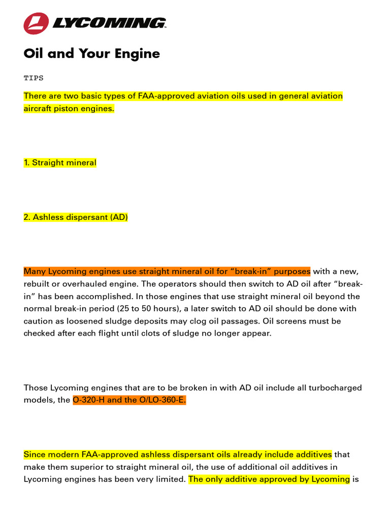 Oil and Your Engine - Lycoming | PDF | Motor Oil | Engines