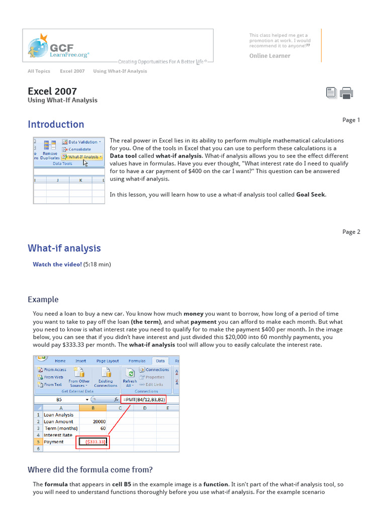 Excel 2007 - Using What-If Analysis | PDF | Interest | Spreadsheet