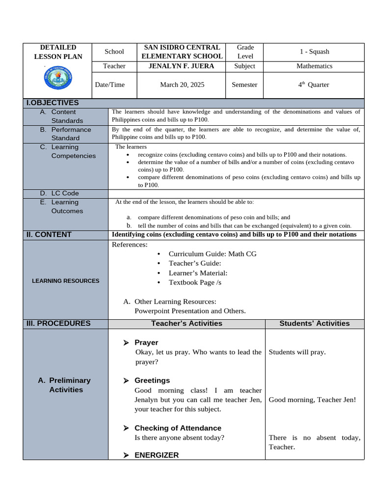 Math Grade-1 Lesson Plan | PDF | Coins | Teachers