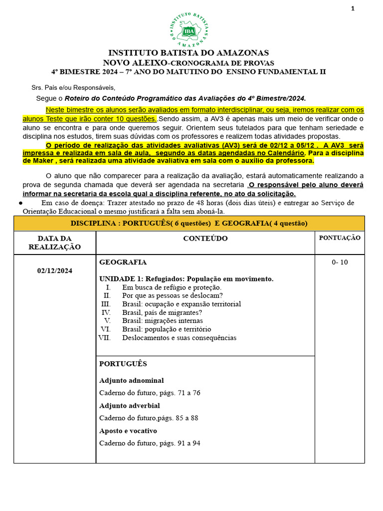 AV3 4º bimestreCRONOGRAMAS 7º ANO A (2024) | PDF | Refugiado