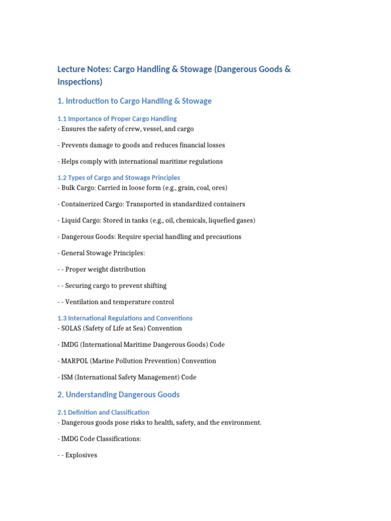 Lecture Notes Cargo Handling | PDF | Dangerous Goods | Safety