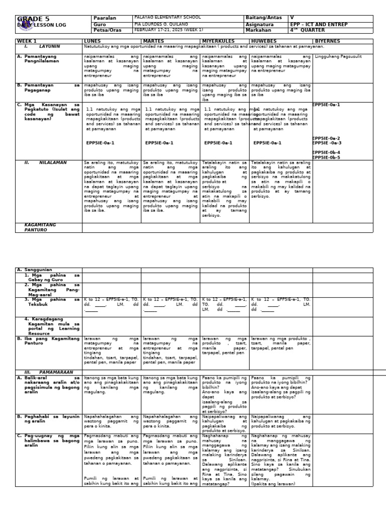 DLL G5 Q4 WEEK 1 ALL SUBJECTS | PDF