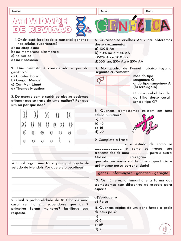 Atividade-de-revisao-genetica-modelo-editavel-5ytiyp | PDF | Genética | Cromossomo