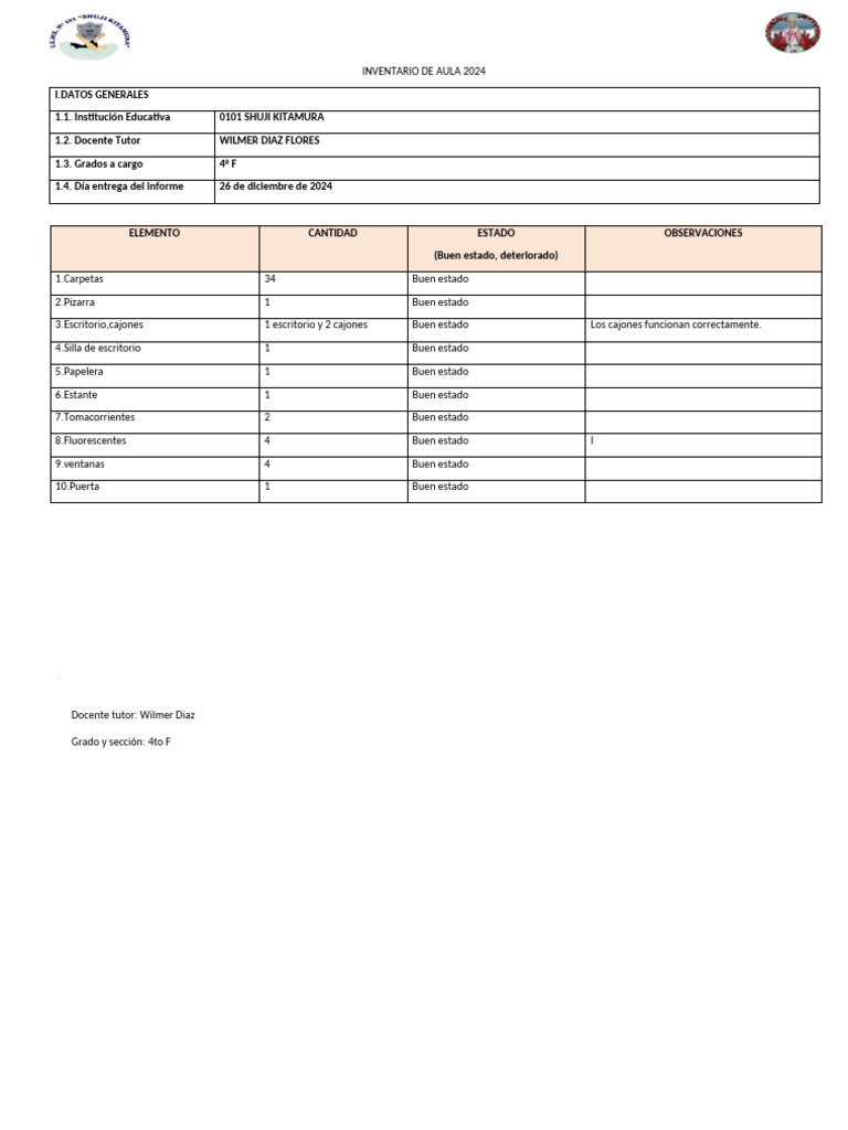 Inventario de Aula 2024 Tutor 4F | PDF