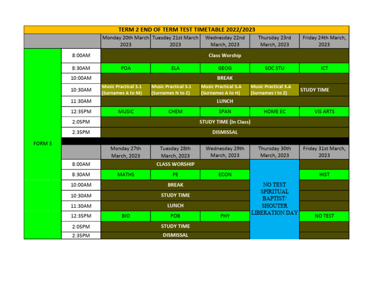 Term 2 Test Timetable 2023 | PDF