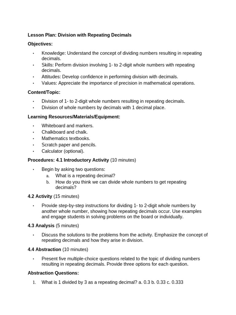 Division of 1 - To 2-Digit Whole Numbers Resulting in Repeating ...