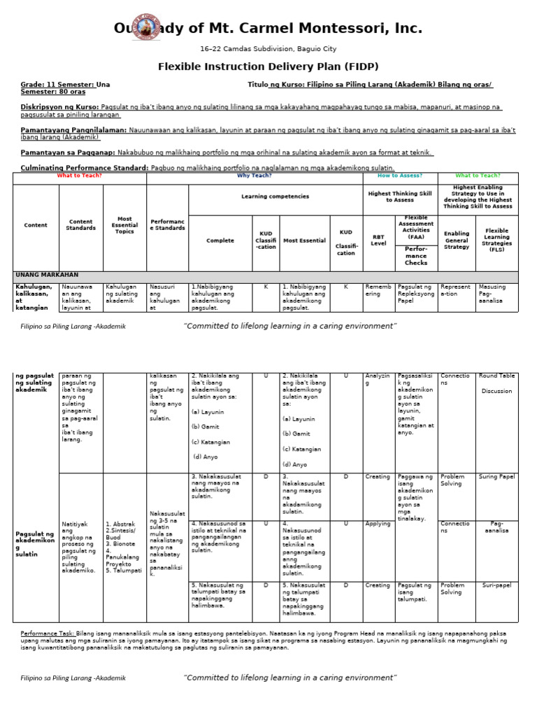 Filipino Sa Piling Larang - FIDP S.Y. 2021 - 2022 | PDF