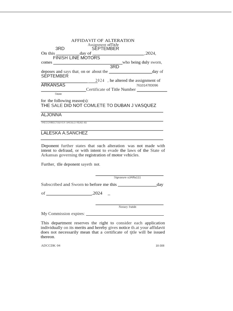Affidavit of Title Alteration - Arkansas | PDF